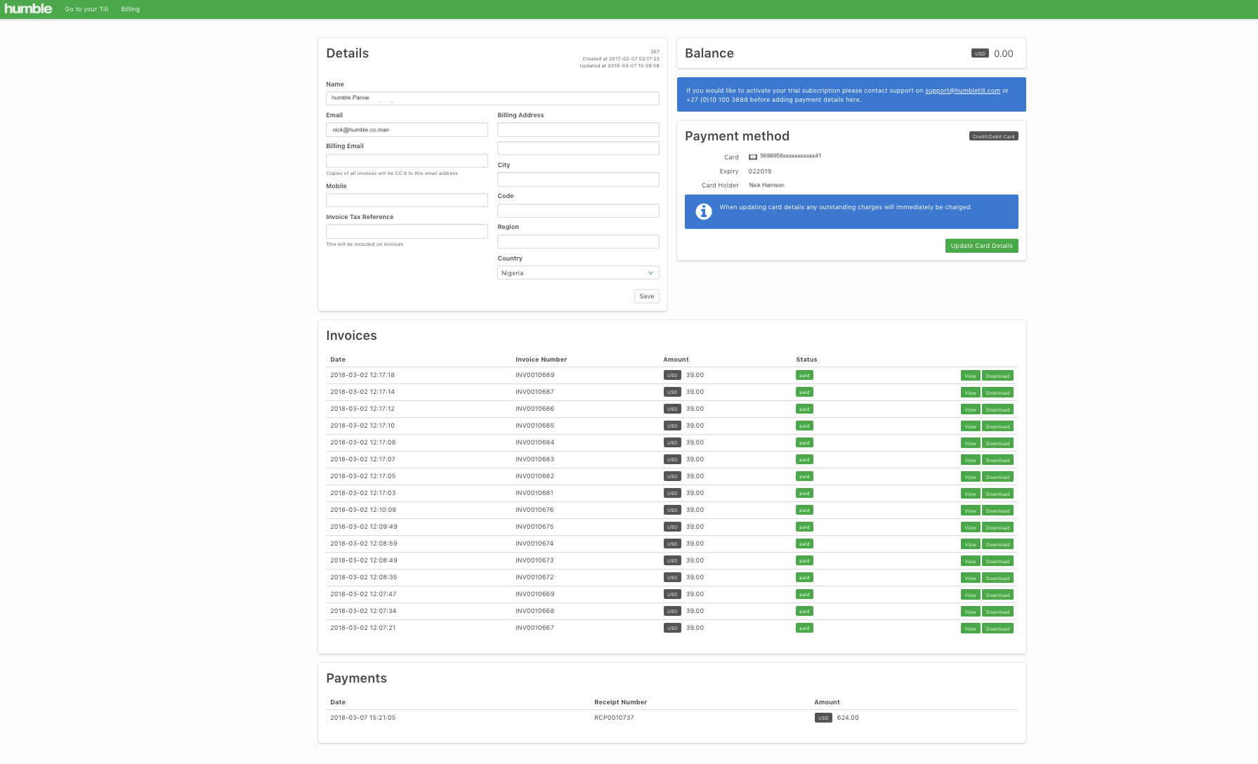 Activate card billing for your humble Till subscription: – humble Till